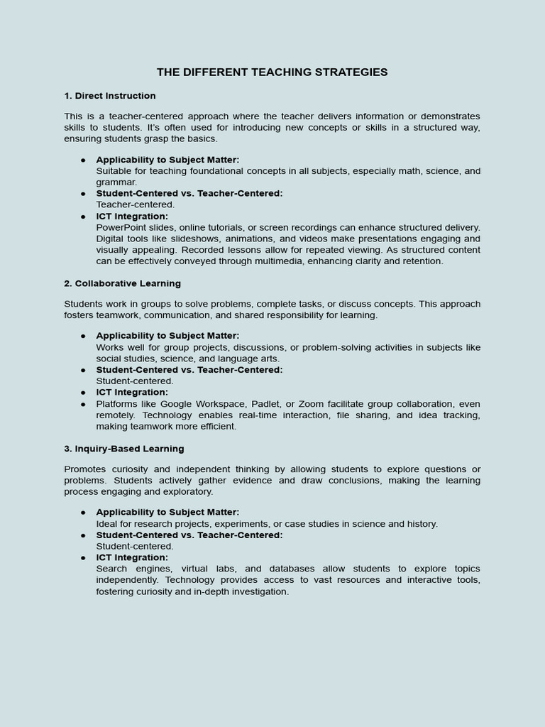 The Different Teaching Strategies | PDF | Educational Technology | Learning