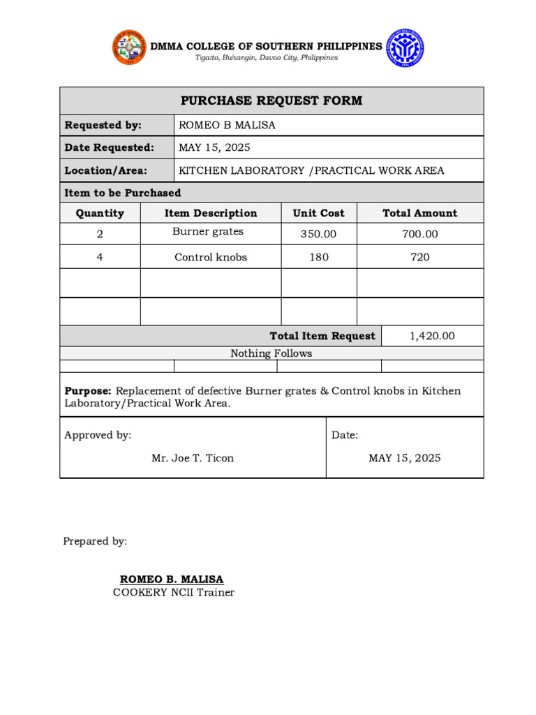 Kitchen Equipment Purchase Request Form | PDF