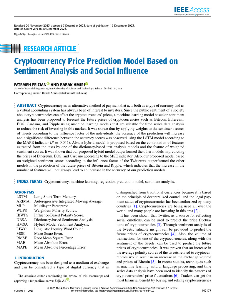 06 Cryptocurrency Price Prediction Model Based On Sentiment Analysis and Social Influence | PDF ...