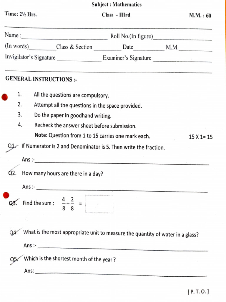 3rd Maths Sample Paper 2 | PDF | Division (Mathematics) | Arithmetic