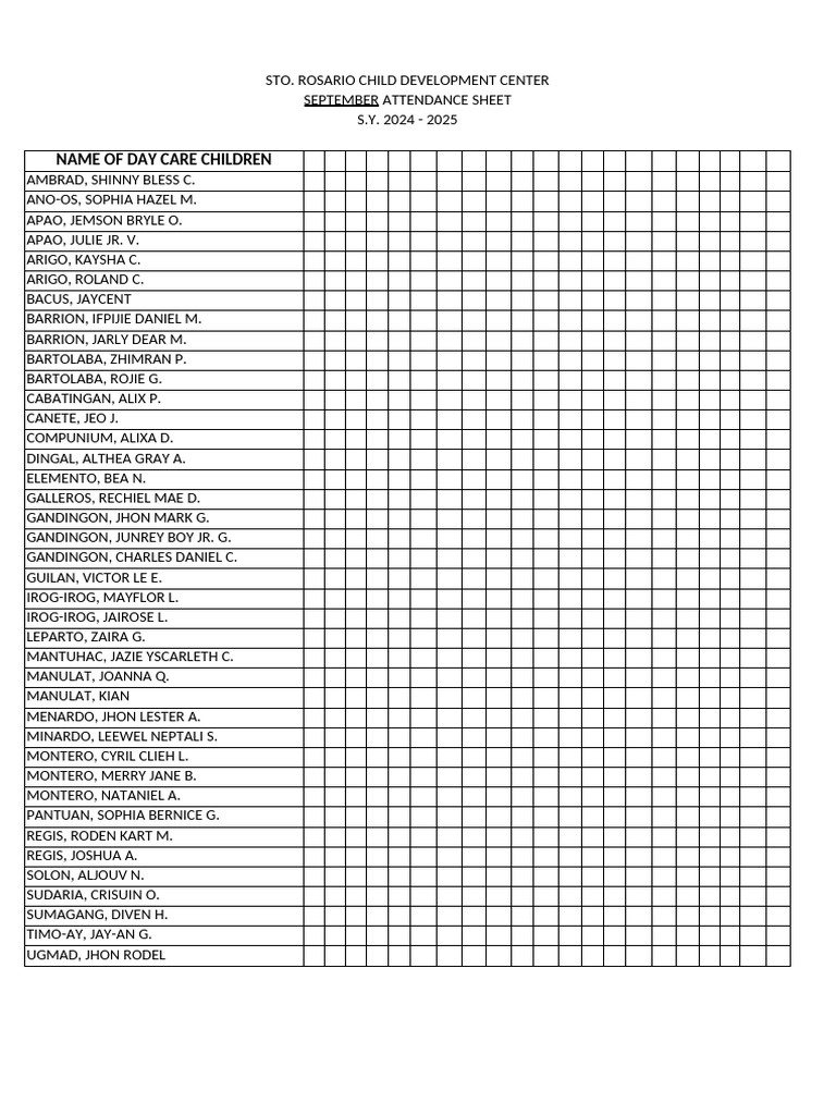 2024-2025 Day Care Attendance List | PDF