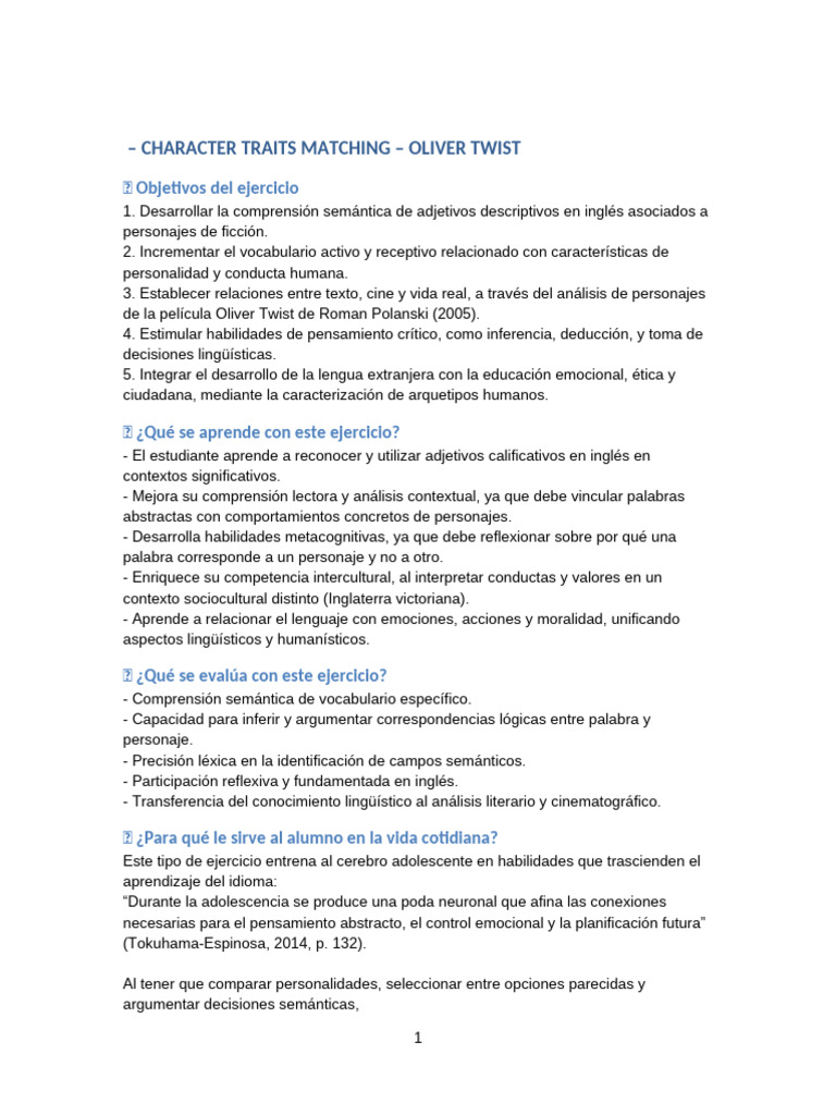 ACTIVIDAD 5 Character Traits Matching Oliver Twist | PDF | Las ...