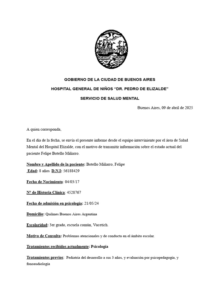 Felipe Botello Informe Colegio | PDF | Hospital | Sicología