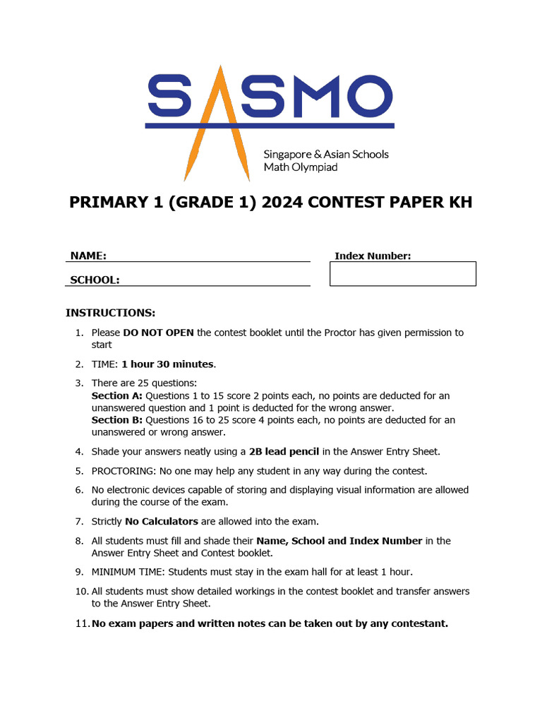SASMO 2024 Grade 1 KH | PDF