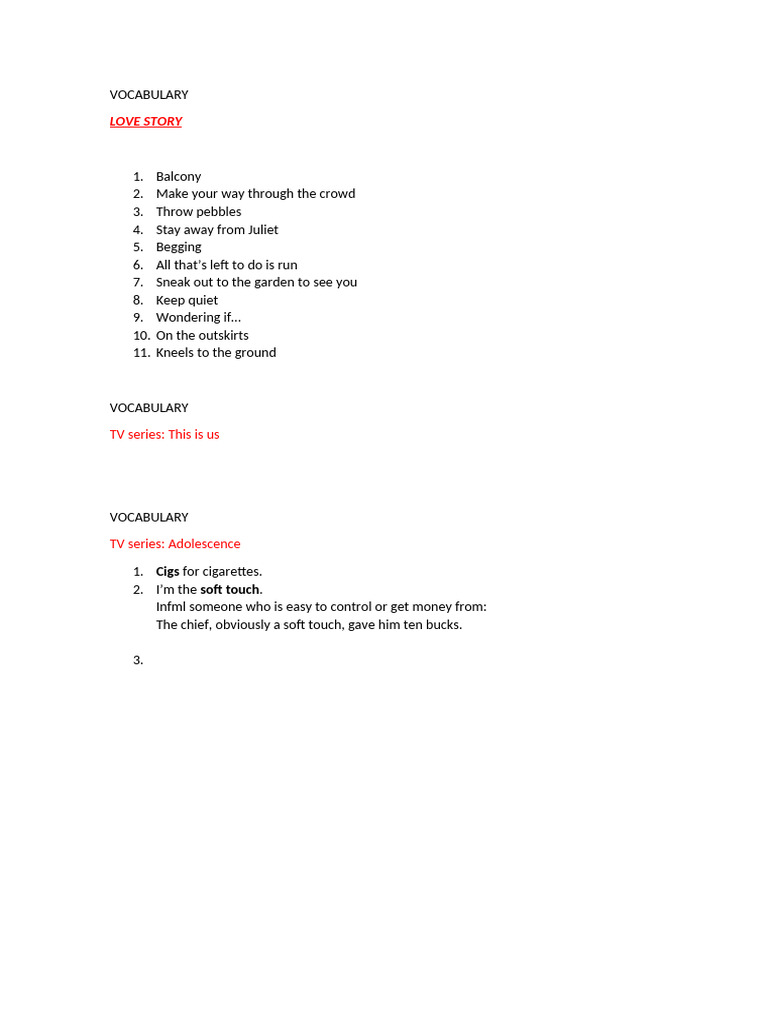 Vocabulary for Love Stories & TV Series | PDF