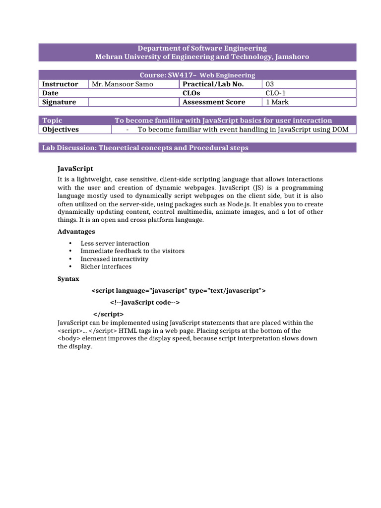 To Become Familiar With JavaScript Basics For User Interaction | PDF | Java Script | Document ...