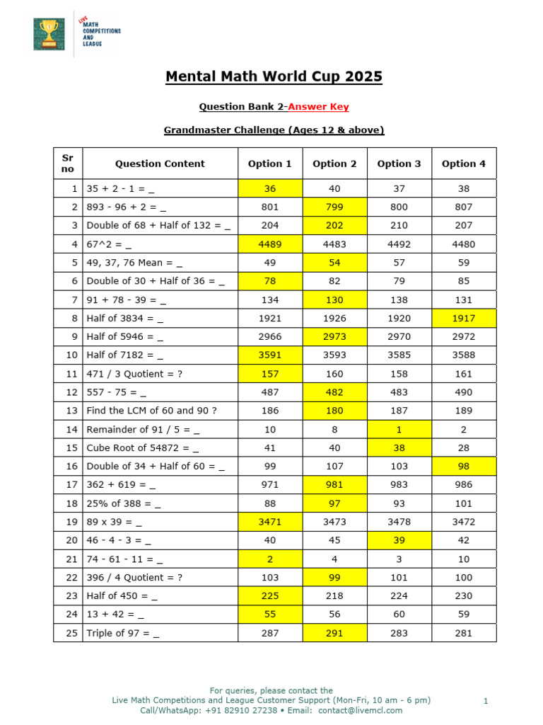 Mental Math World Cup 2025 Answer Key | PDF | Number Theory ...
