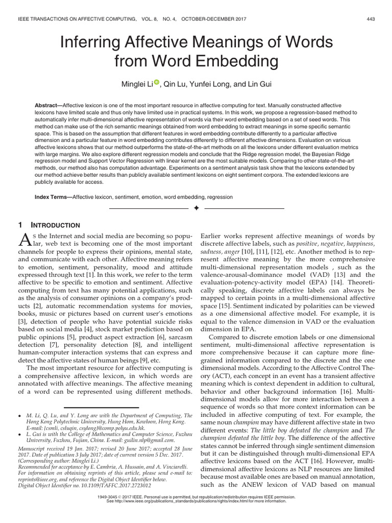 Inferring Affective Meanings of Words From Word Embedding | PDF ...
