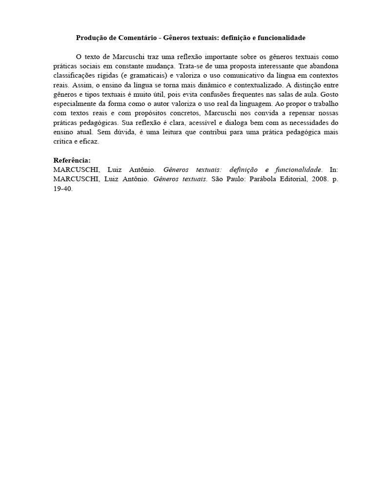 Comentário Sobre o Texto - Gêneros Textuais - Marcuschi | PDF