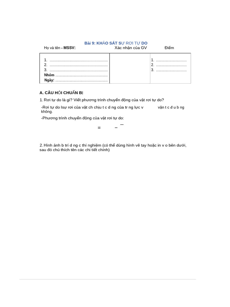 Khao Sat Su Roi Tu Do Bao Cao Thi Nghiem Mon Thi Nghiem Vat Ly 1 Truon 119448 | PDF