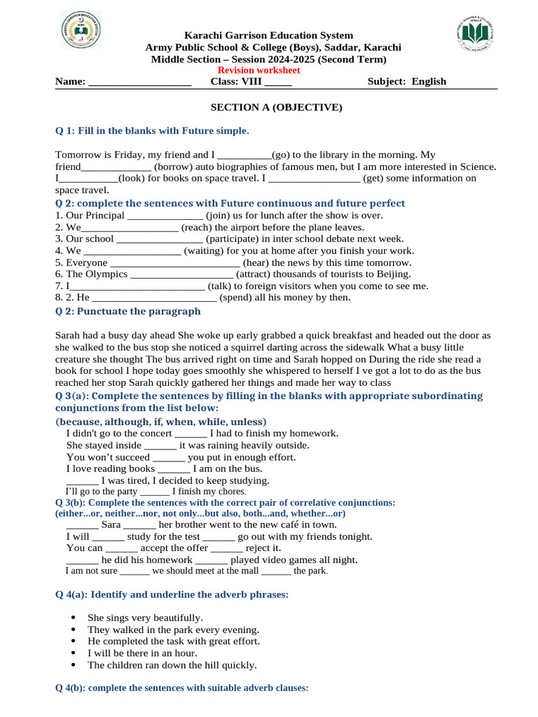 Final Revision Worksheet Class 8 | PDF