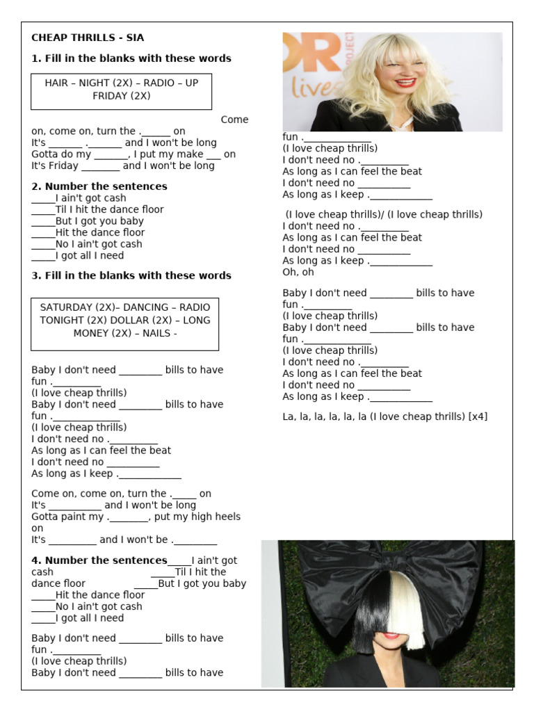 Cheap Thrills Sia Activities With Music Songs Nursery Rhymes - 101255 ...