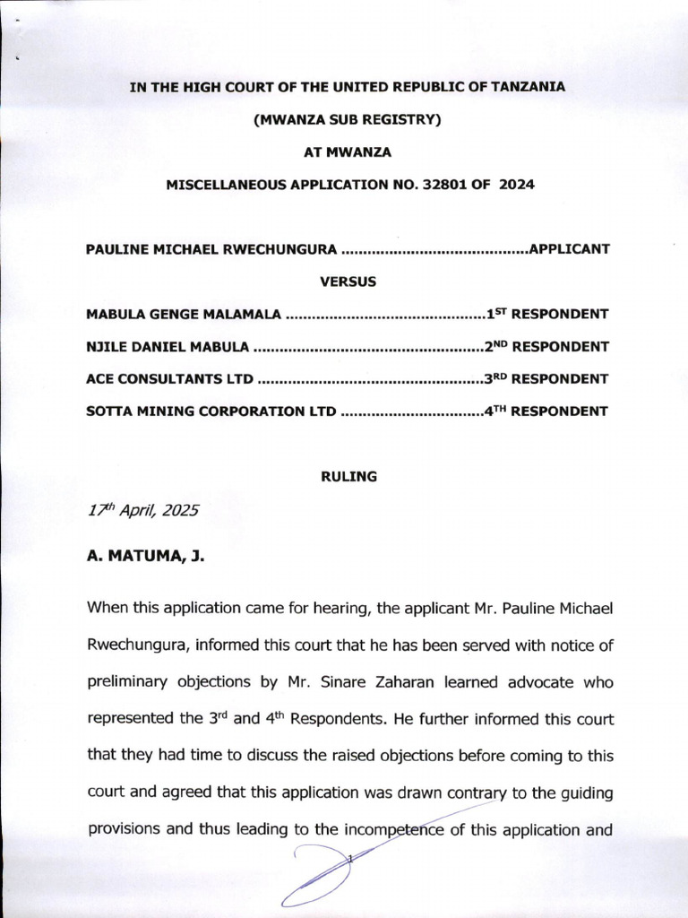 Pauline Michael Rwechungura vs Mabula Genge Malamala 3 Others 2025 TZHC ...
