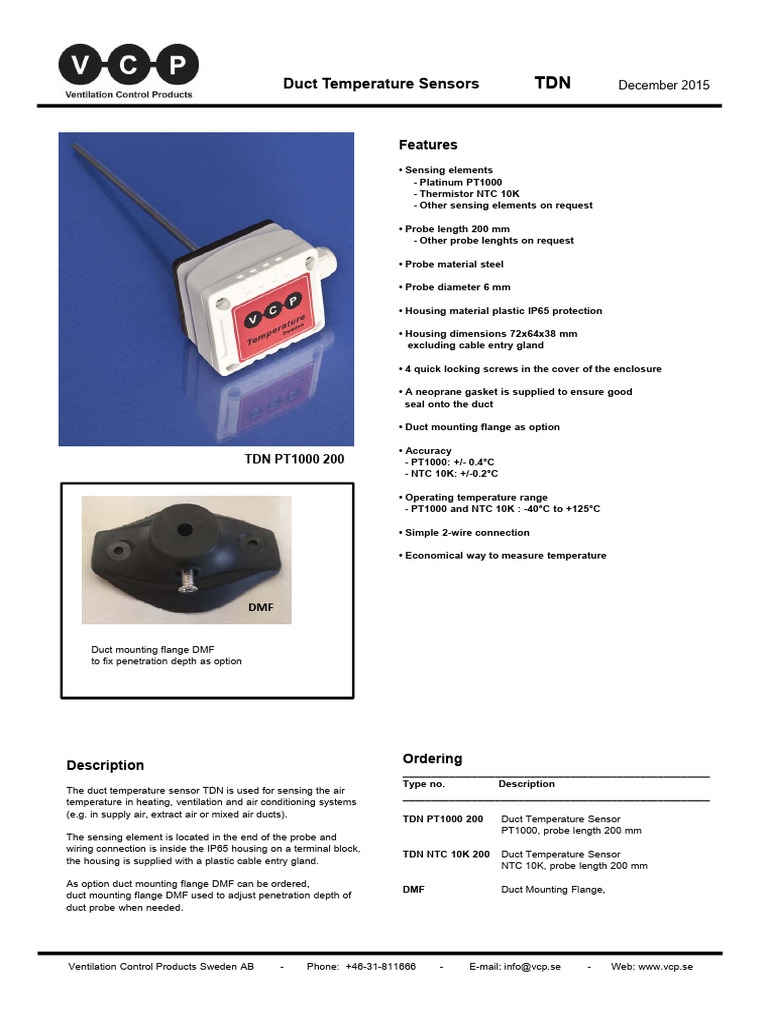 duct-temperature-sensors-tdn | PDF | Duct (Flow) | Tools
