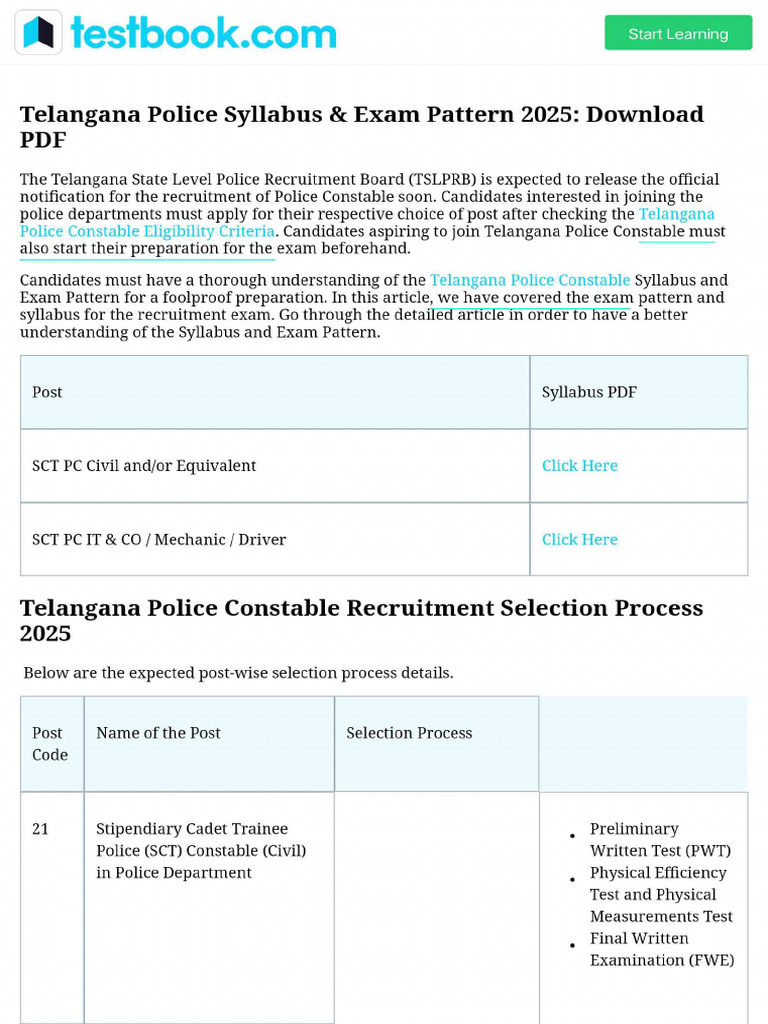 Telangana Police Syllabus & Exam Pattern 2025 - Download PDF | PDF