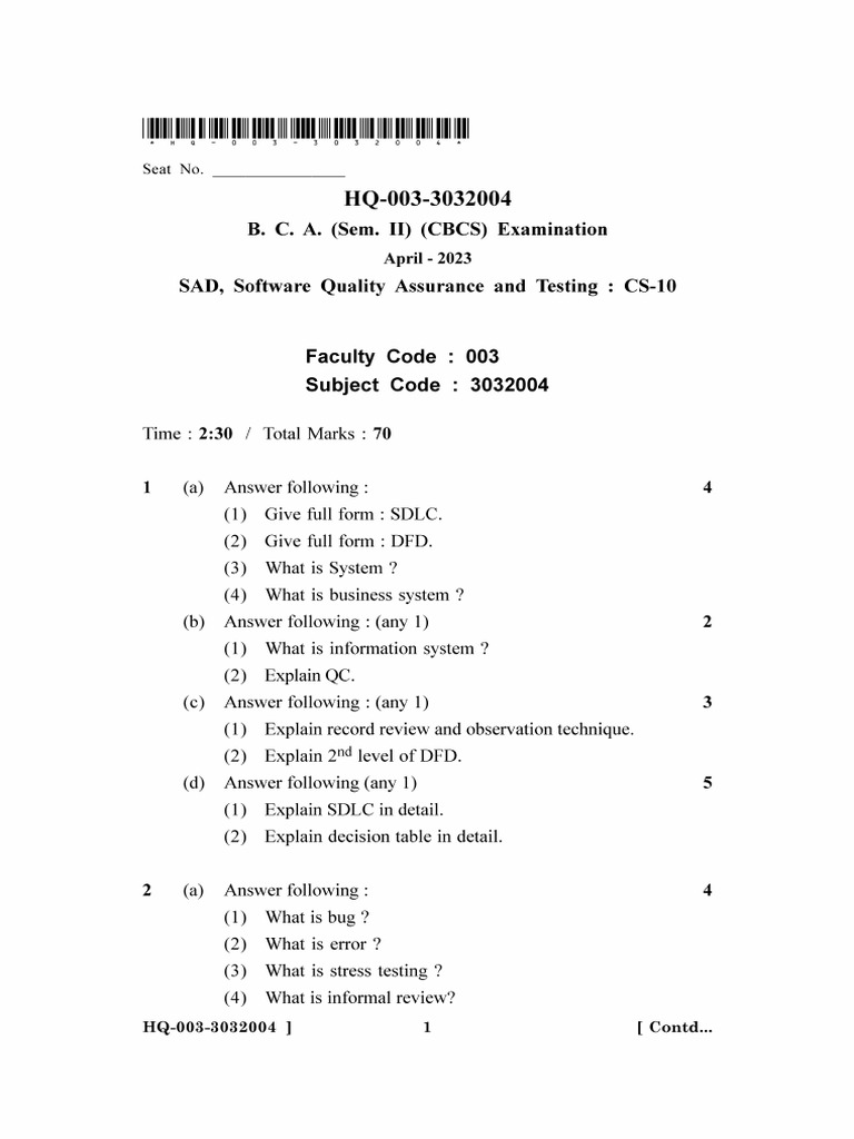 BCA SEM-2 (2022) April-2023 CS - 10 SAD, SOFTWARE QUALITY ASSURANCE ...