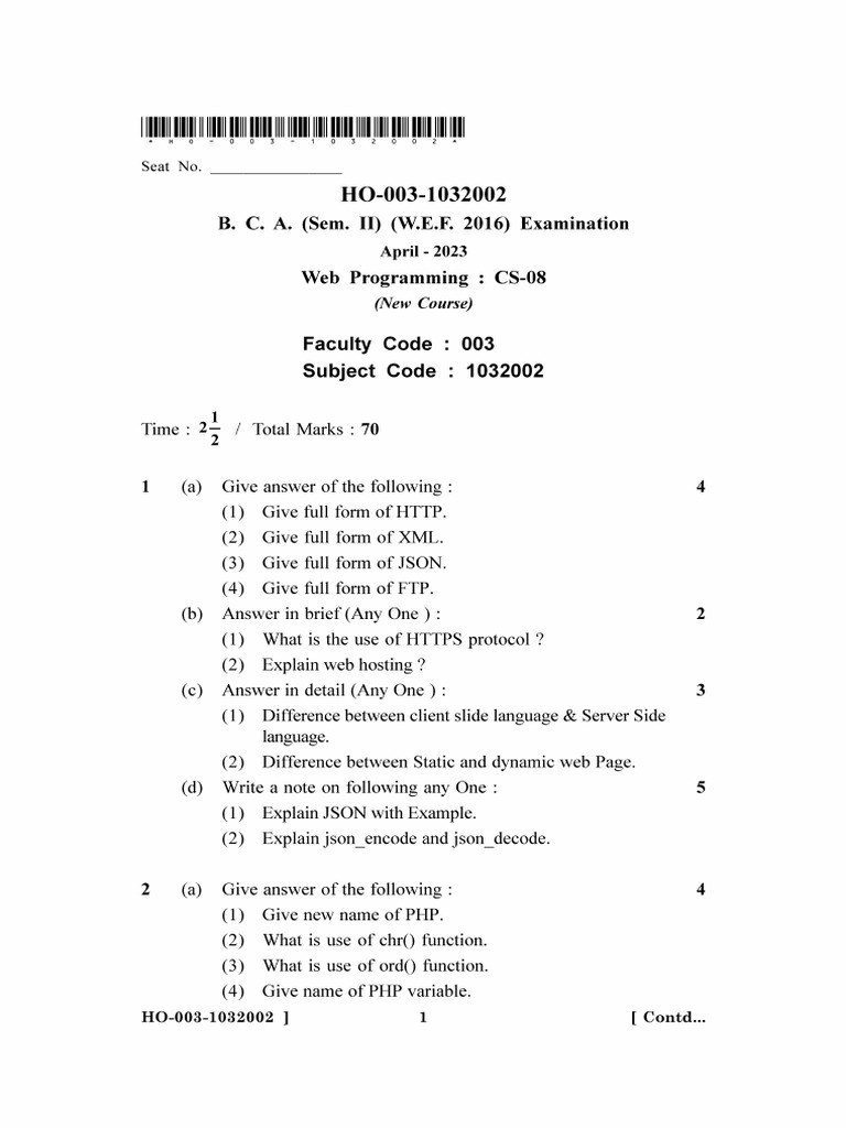 Bca Sem 2 2016 April 2023 Cs 08 Web Programming Pdf Php Dynamic Web Page