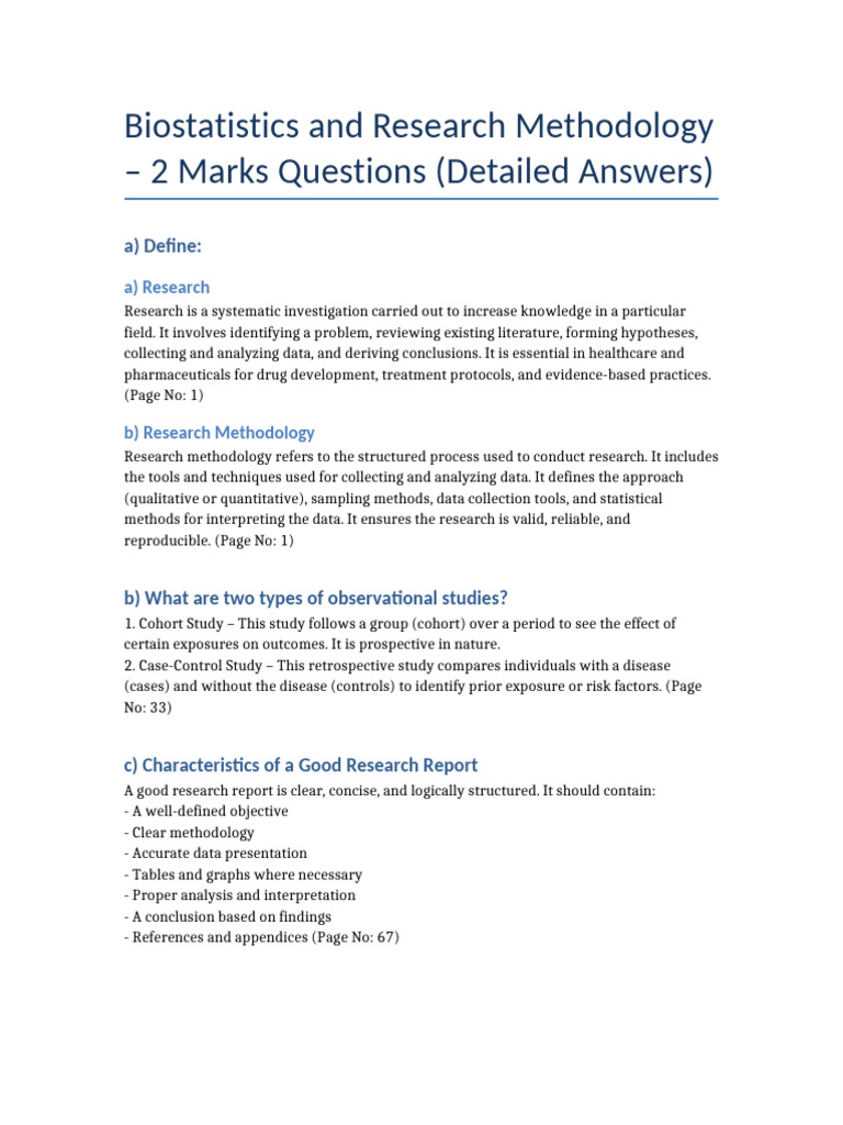 Biostatistics 2 Marks Answers | PDF | Randomized Controlled Trial ...