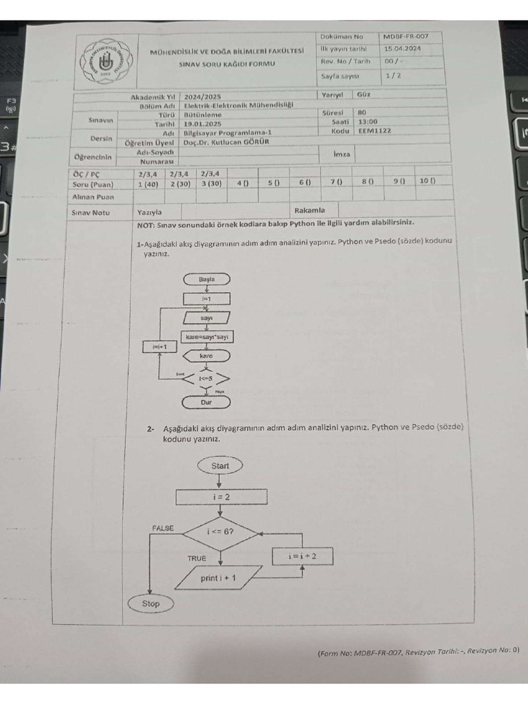 Bilgisayar Programlama 1 Butunleme Sınav Soruları | PDF
