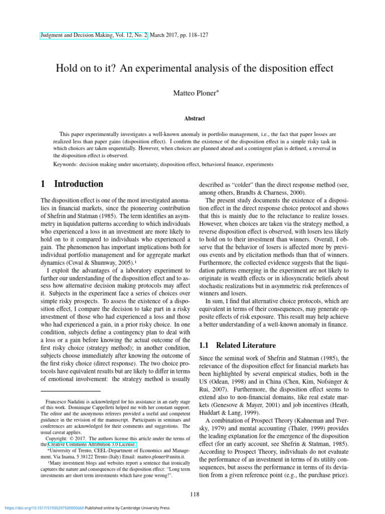 Hold on to It an Experimental Analysis of the Disposition Effect | PDF ...