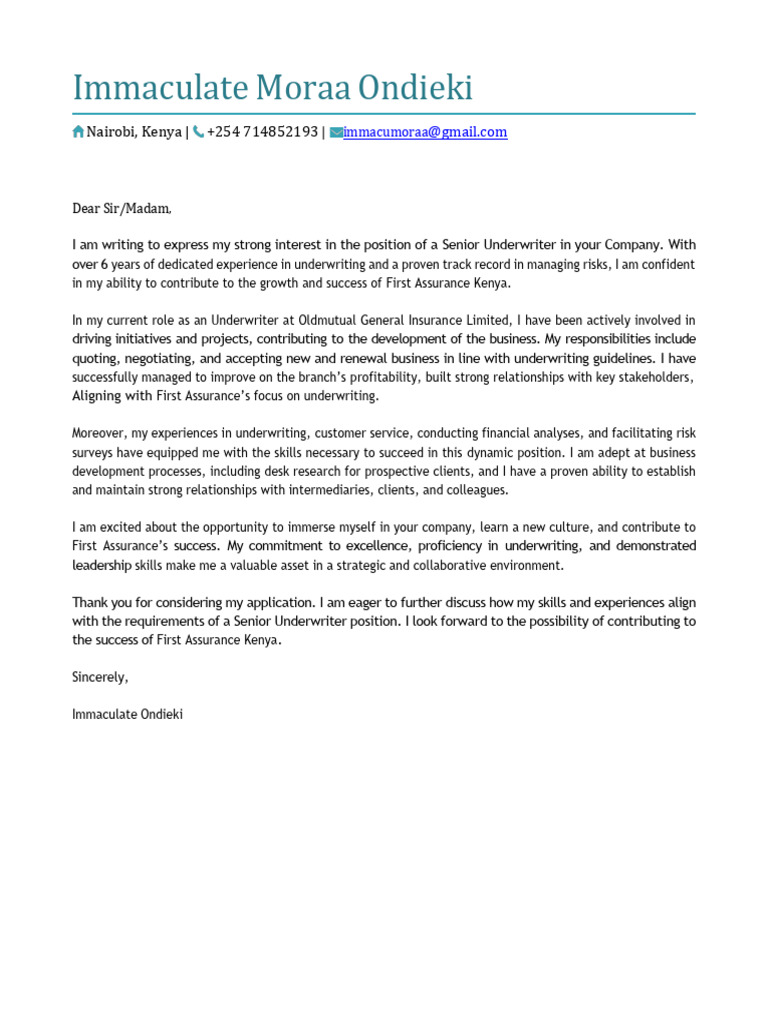 IMMACULATE APPLICATION LETTER -SENIOR UNDERWRITER | PDF