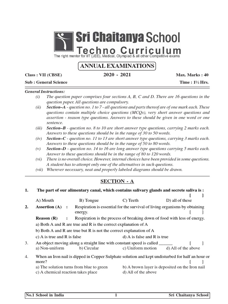 VII Class General Science Practice QP | PDF | Flowers | Petal