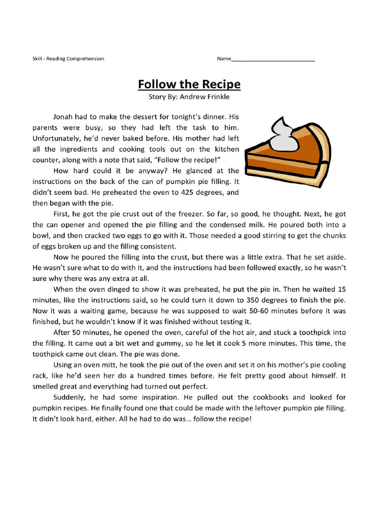 Follow-The-Recipe-Fifth-Grade-Reading-Comprehension-Worksheet | PDF