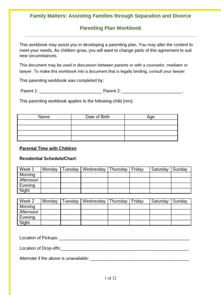 Parenting Plan Template 03 | PDF | Child Care | Mediation