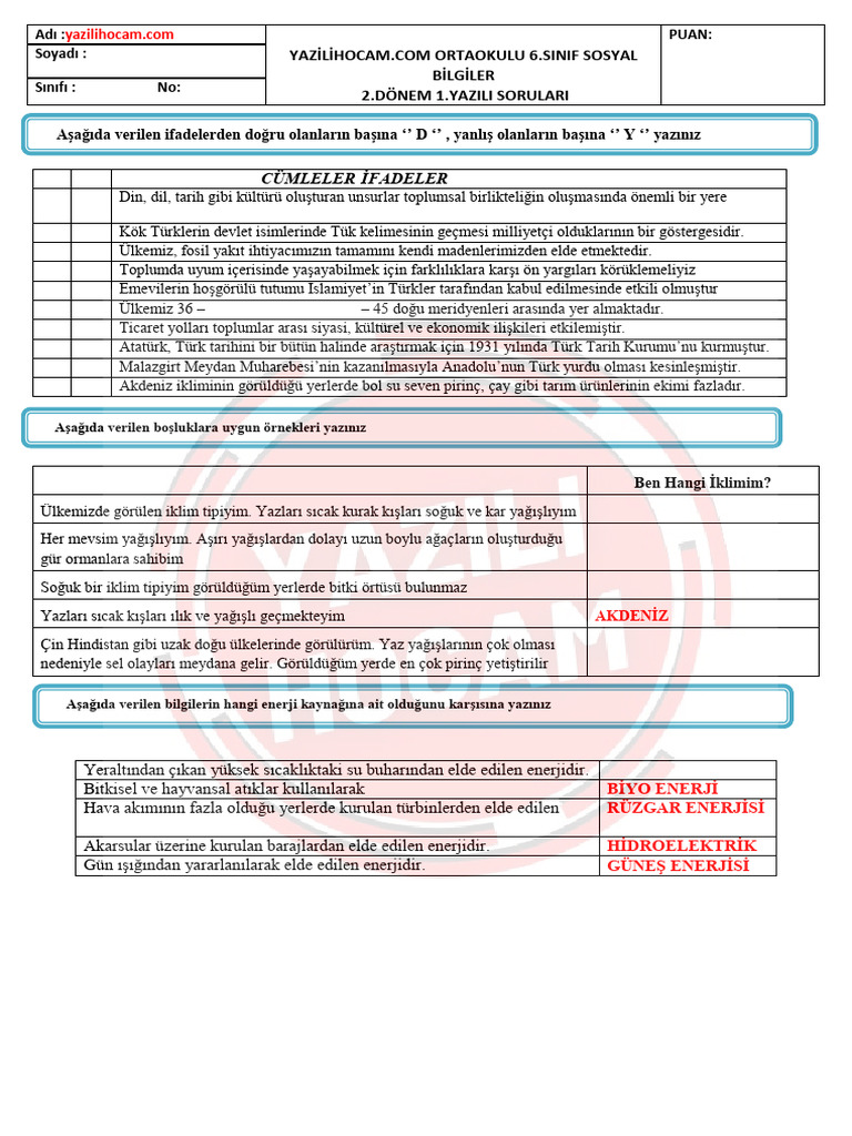yazilihocam.com----CEVAPLAR-----6.SINIF SOSYAL 2.DÖNEM 1.YAZILI SORULARI -2 | PDF