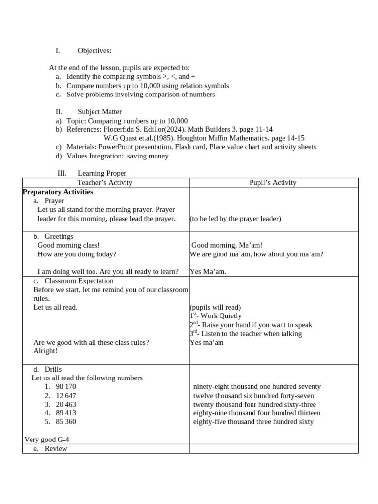 Comparing Numbers Lesson Plan | PDF