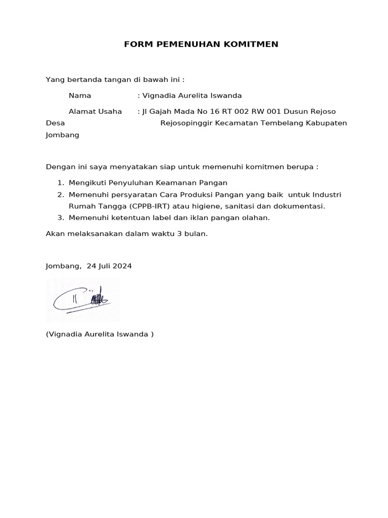 FORM PEMENUHAN KOMITMEN | PDF