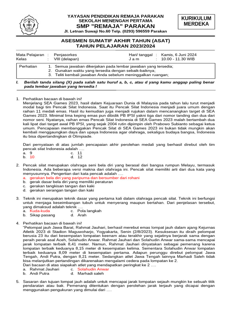 Soal Hots Kelas 8 PJOK (ASAT) Jawaban | PDF