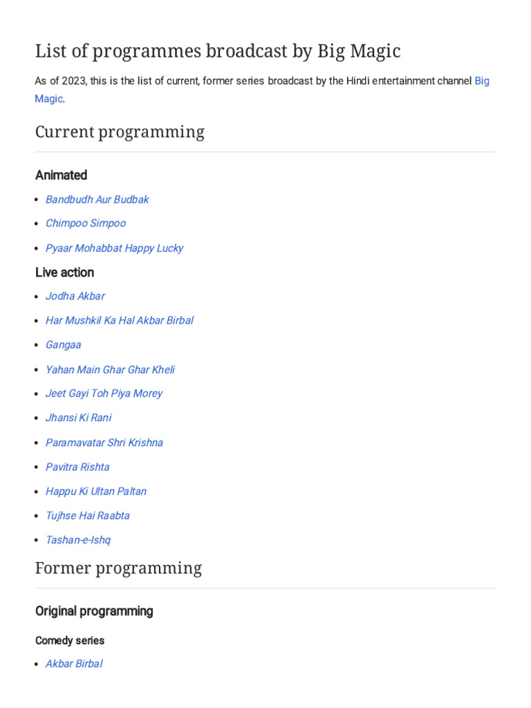 List of Programmes Broadcast by Big Magic - Wikipedia | PDF