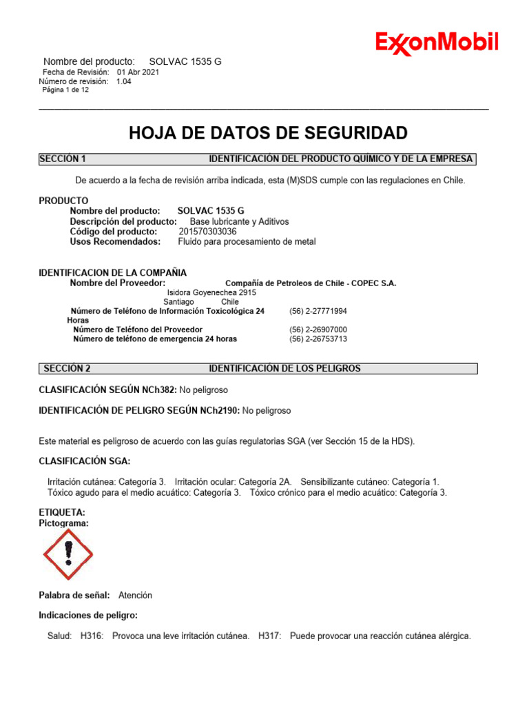 Hoja de Datos de Seguridad SOLVAC 1535 G | PDF | Higiene | Descarga ...