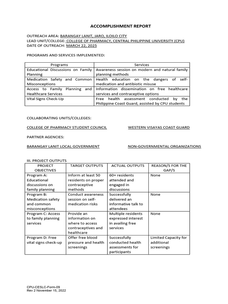 Accomplishment Report Final | PDF | Family Planning | Health Care