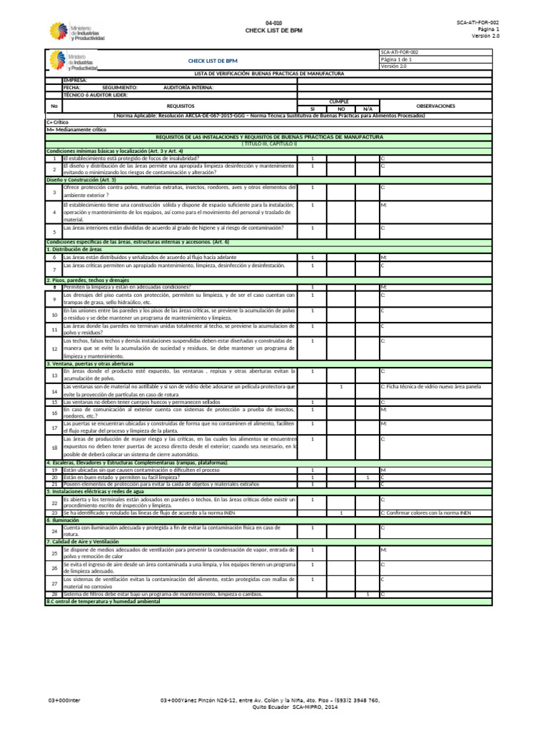 SCA-ATI-FOR-002 Check List BPM V2.0 | PDF | Agua | Ventilación ...