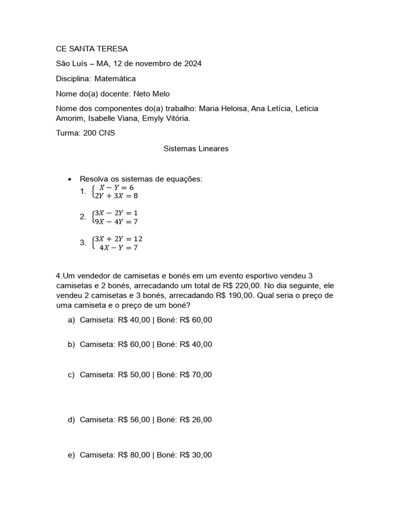 Lista de Exercícios - Sistemas Lineares | PDF