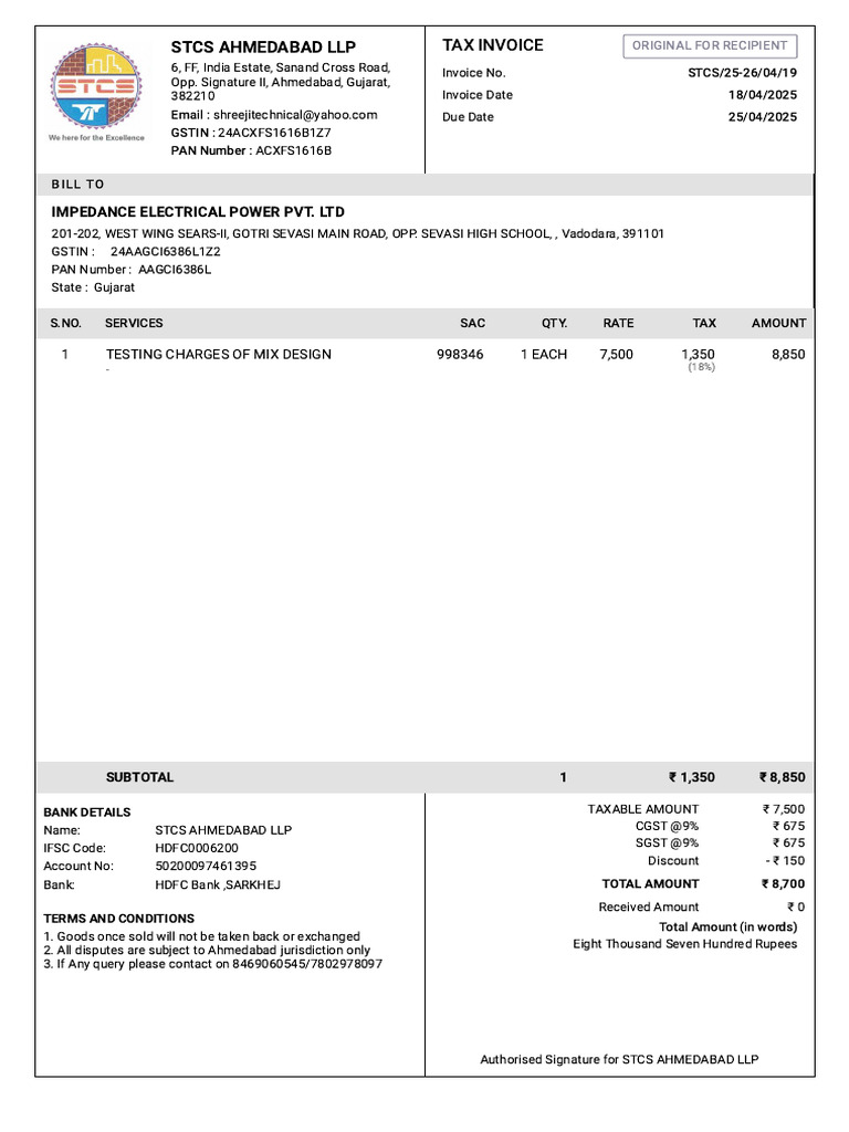 Impedance Electrical Power PVT LTD Sales Invoice Stcs 25-26-04 19 | PDF ...