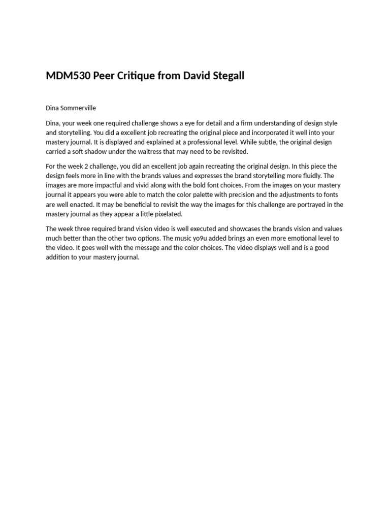 MDM530 Peer Critique From David Stegall | PDF