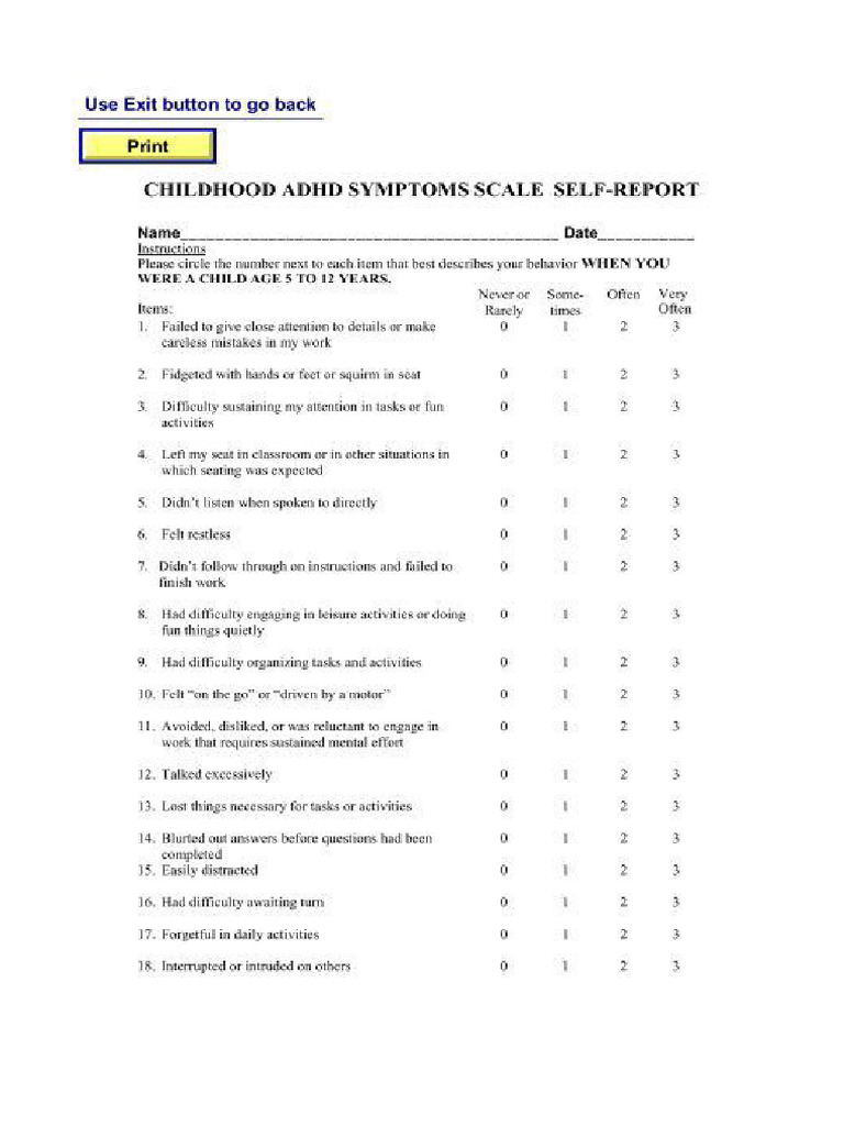 Childhood Adhd Symptoms Scale Self Report PDF | PDF