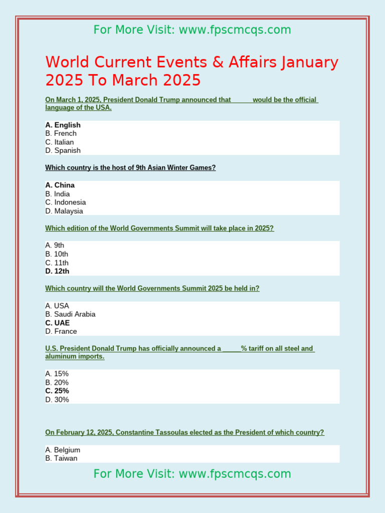 Global Current Affairs Summary: Jan-Mar 2025 | PDF | International ...