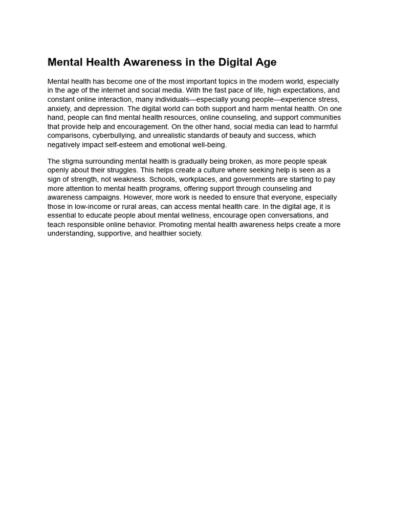 Mental Health Awareness in The Digital Age Essay | PDF
