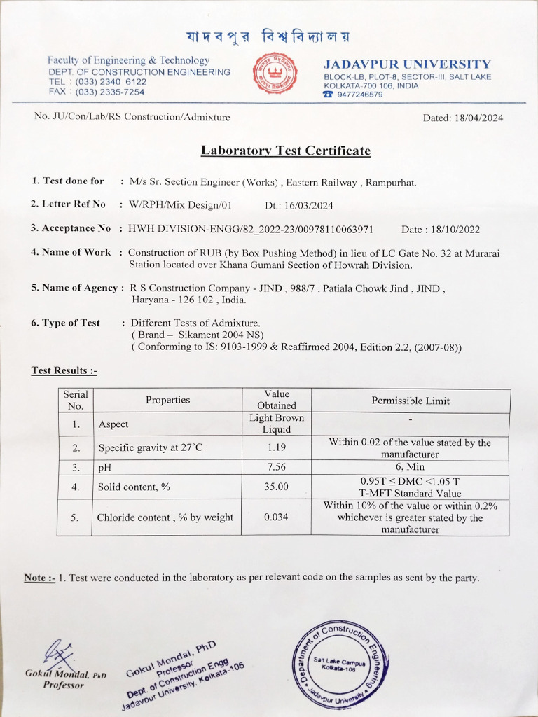 Admixture Test Report From Jadavpur | PDF