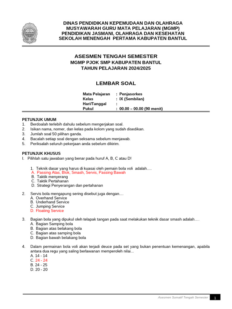 SOAL PJOK Tengah Semester 2024 Kela 9 | PDF
