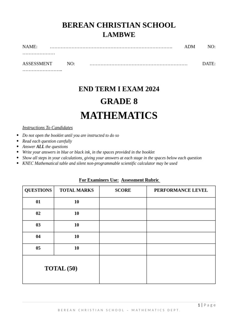 Mathematics Grade 8 Exam | PDF | Mathematics