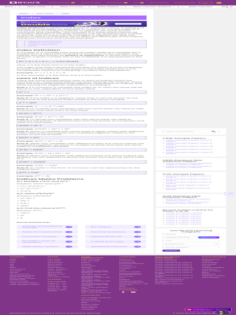 Index - Definition, Laws of Indices With Examples | PDF | Exponentiation | Multiplication