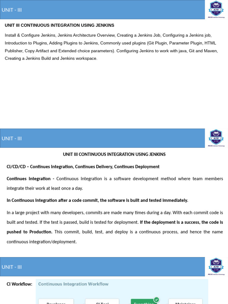 Unit III Continuous Integration Using Jenkins | PDF | Version Control | Systems Engineering