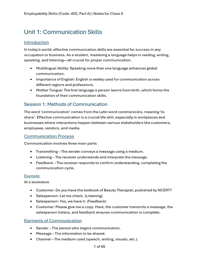 Employability Skills_Notes Class X_ | PDF | Nonverbal Communication ...