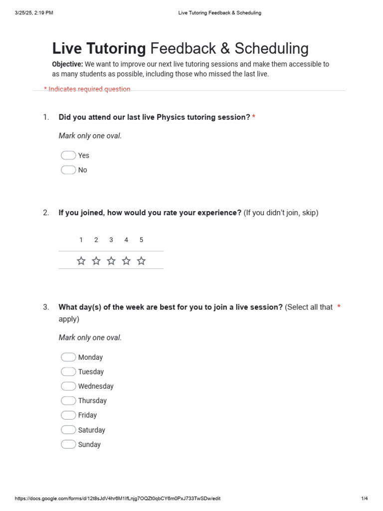 Live Tutoring Feedback & Scheduling - Google Forms | PDF