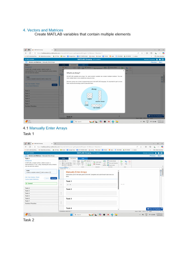 Create MATLAB Variables That Contain Multiple Elements: 4. Vectors and Matrices | PDF